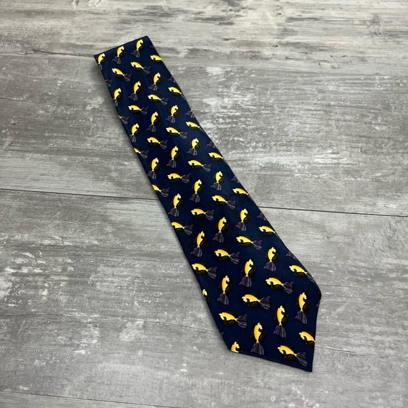 J. Garcia | Accessories | J Garcia Navy Yellow Fish Pattern Silk Tie ...